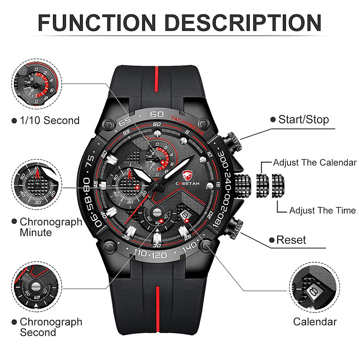 CHEETAH Mens Chronograph Watch Outdoor Waterproof Military Tactical Style Black Red Quartz Sports Watches for Men with Rubber Strap