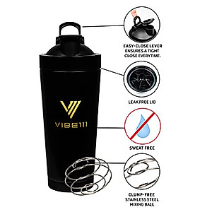 Vibe111 Protein Shaker with Funnel- 25OZ Stainless Steel Shaker Bottle with Portable Protein Funnel to Go | Insulated Shaker Bottles with Protein Powder Container Keychain and Blending Ball (Black)