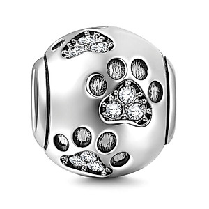 Dog Paw Print Charms 925 Sterling Silver Animal Birthstone Crystal Charms for Pandora 3mm Snake Chain Bracelets (Clear)