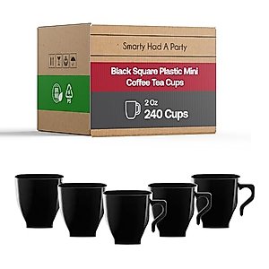 Smarty Had A Party 2 oz Black Plastic Tea Cups with Handles Set of 240 Disposable Mugs for Tea Parties, Espresso, and Coffee, Elegant Small Drinkware for Events