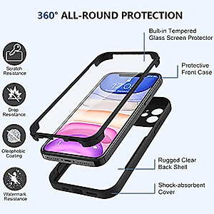 Urarssa Compatible with iPhone 11 Case Full Body Clear Design with Built-in Screen Protector Shockproof Anti-Scratch Rugged Phone Case 360 Protective Cover for iPhone 11 6.1 inch, Black