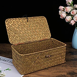 Alipis Desktop Stand Storage Drawers Straw Basket with Lid Seagrass Storage Basket Bins, Desktop Makeup Organizer Sundries Storage Box Rattan Lidded Box Shelf Bracket Small Basket