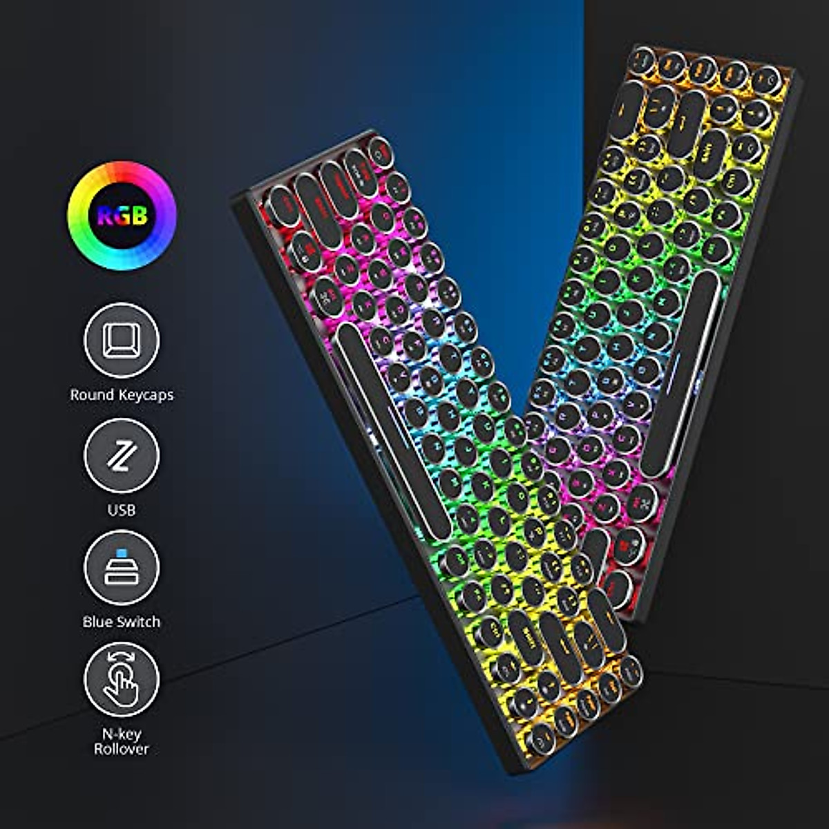 Ussixchare Retro Typewriter Mechanical Keyboard 60 Percent Gaming Keyboard RGB Backlit 68 Keys Punk Keyboard Wired with Blue Switch, Round Keycaps for Windows/Mac/PS4/PS5/Xbox