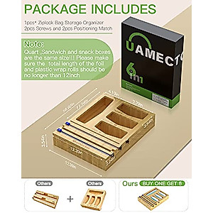 6 In 1 Ziplock Bag Storage Organizer, Foil and Plastic Wrap Organizer, Uamector Bamboo Aluminum Foil Dispenser with Cutter for Kitchen Drawer, Applies to Gallon Quart Sandwich Snack Bags, Cling Film Aluminum Foil, etc