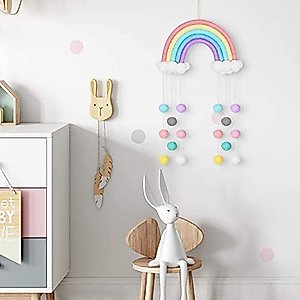 Boho Rainbow Nursery Decor Pom Pom Ball Handmade Macrame Rainbow Cloud Raindrop Wall Hanging Tassel for Home Decor Baby Room Nursery Classroom Dorm Room Baby Shower Party Supplies -Pink