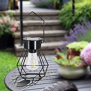 Hanging Solar Lanterns Outdoor Decor - 2 Pack Solar Decorative Table Lights with Edison Bulbs for Patio Waterproof (Black)