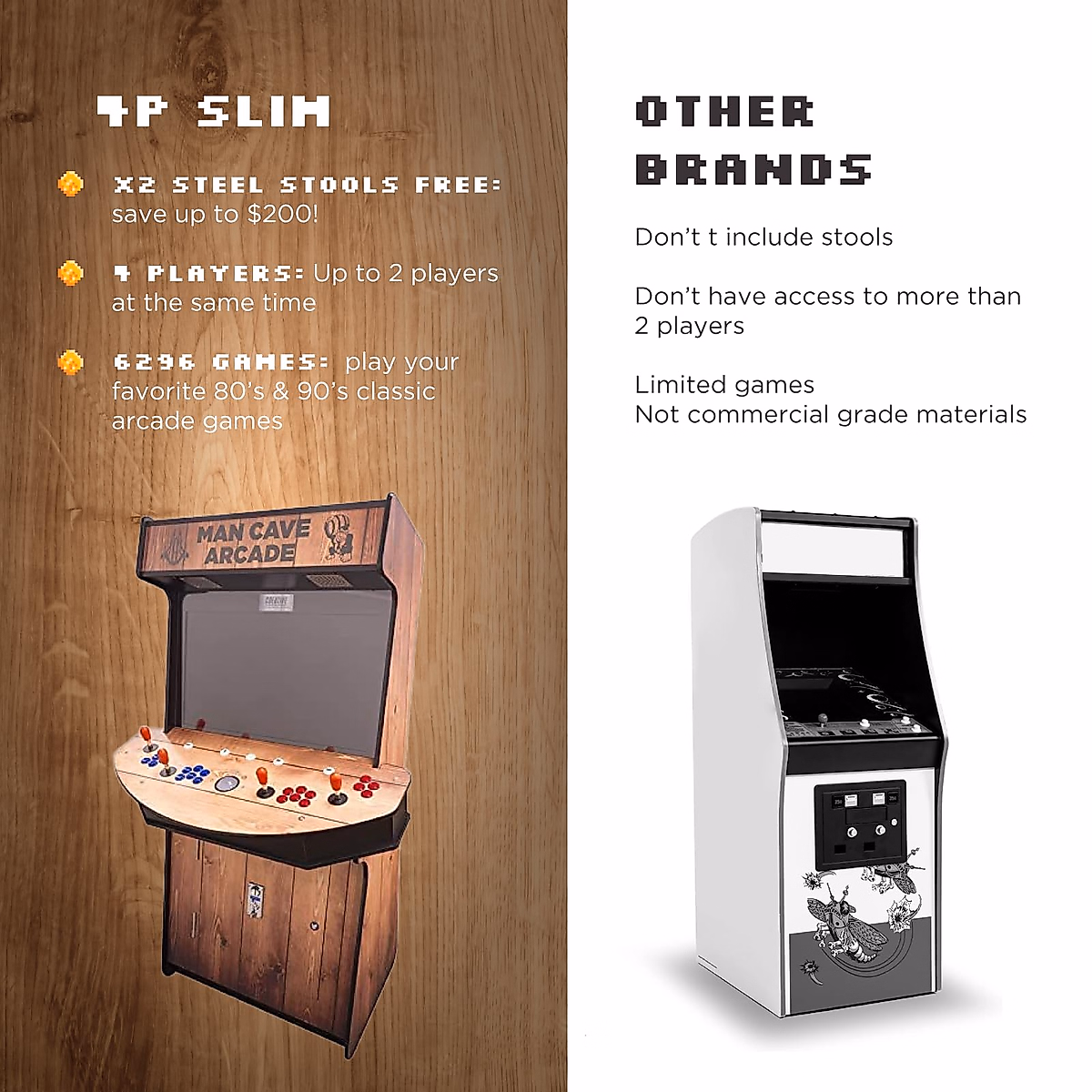 Creative Arcades Full-Size Commercial Grade Cabinet Arcade Machines | Stools Included | Slim Woodgrain Edition | 32" Screen (6296 Games (4-Player), Light Pine Man Cave)