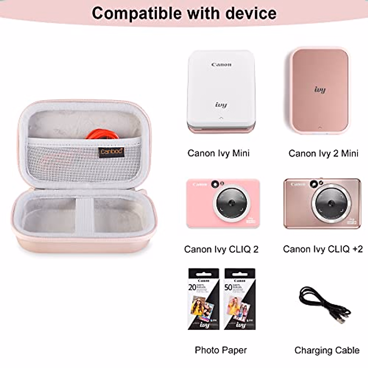 Canboc Hard Case for Canon Ivy Mini/Canon Ivy 2 Mini/Canon Ivy CLIQ+2 CLIQ 2 CLIQ+ Photo Printer Mobile Wireless Bluetooth Instant Camera Printer, Mesh Bag fit Photo Paper and Cable, Rose Gold