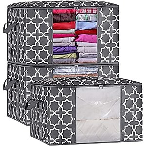 GhvyenntteS Clothes Storage Bag 3 Pack Large Capacity Organizer with Reinforced Handle Thick Fabric for Blankets, Sweater , Foldable Comforter Storage Bags with Sturdy Zipper & Clear Window, 100L, Grey