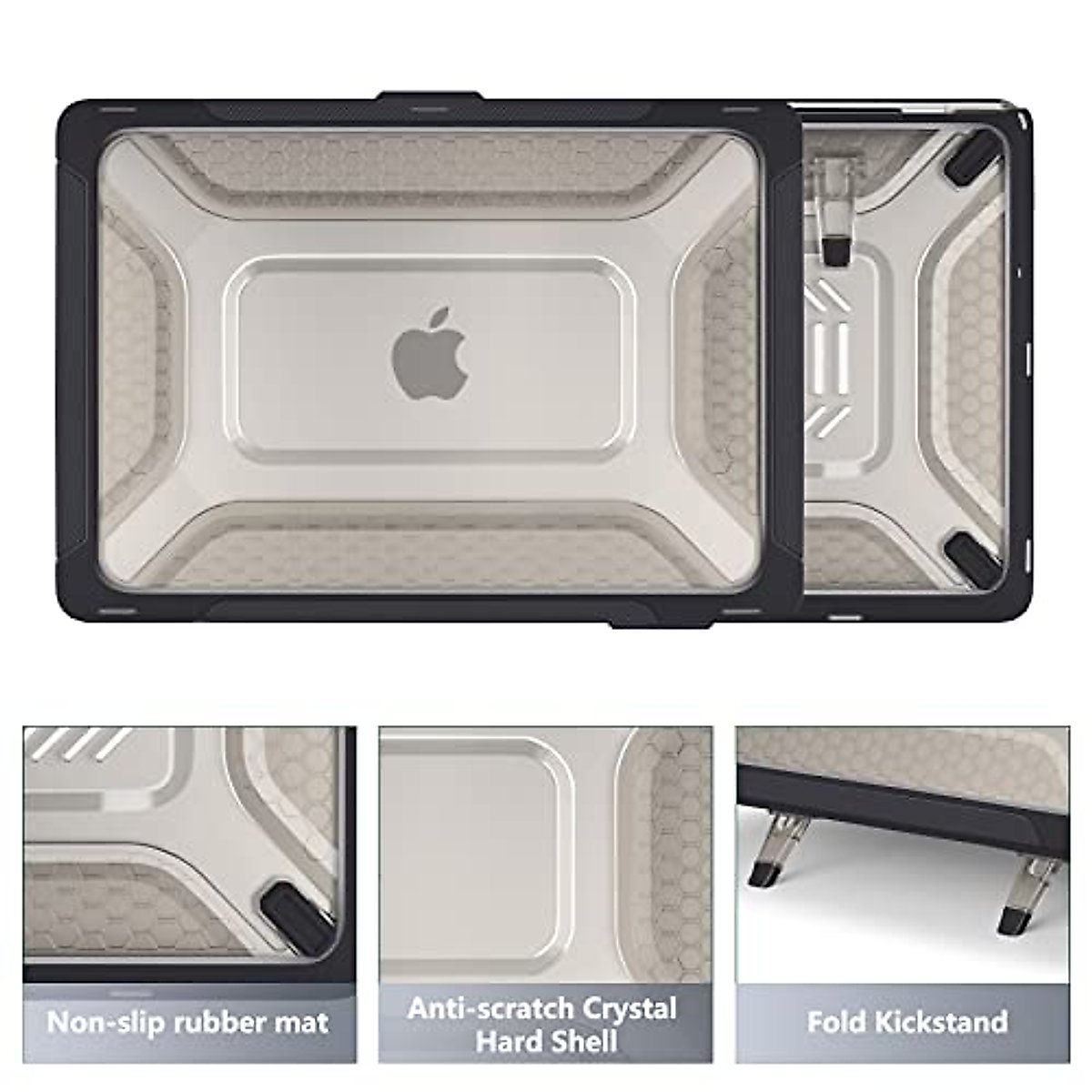 Batianda Protective Case for MacBook Pro 13 inch M2 Chip 2022 2021 2020 Release A2338 M1 A2289 A2251 Model,Heavy Duty Honeycomb Hard Shell with TPU Bumper and Fold Kickstand & Keyboard Cover, Black