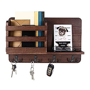 PAG Hanging Mail Organizer Entryway Wood Floating Shelf Accessories Storage Holder Rack with 4 Double Hooks, Brown