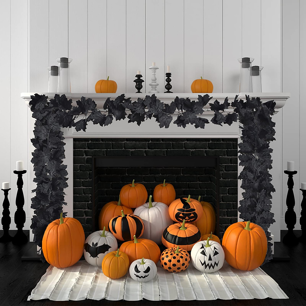 IWNTWY 3 Pack Fall Leaves Garland, Artificial Autumn Hanging Maple Leaf Vines Foliage Garland for Halloween Party Front Door Home Fireplace Decor (Black, 5.5Ft/Pack)