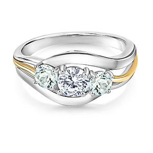 925 Sterling Silver and 10K Yellow Gold Round White Moissanite from Charles & Colvard and Sky Blue Aquamarine 3 Stone Ring For Women (1.00 Cttw, Available In Size 5, 6, 7, 8, 9)