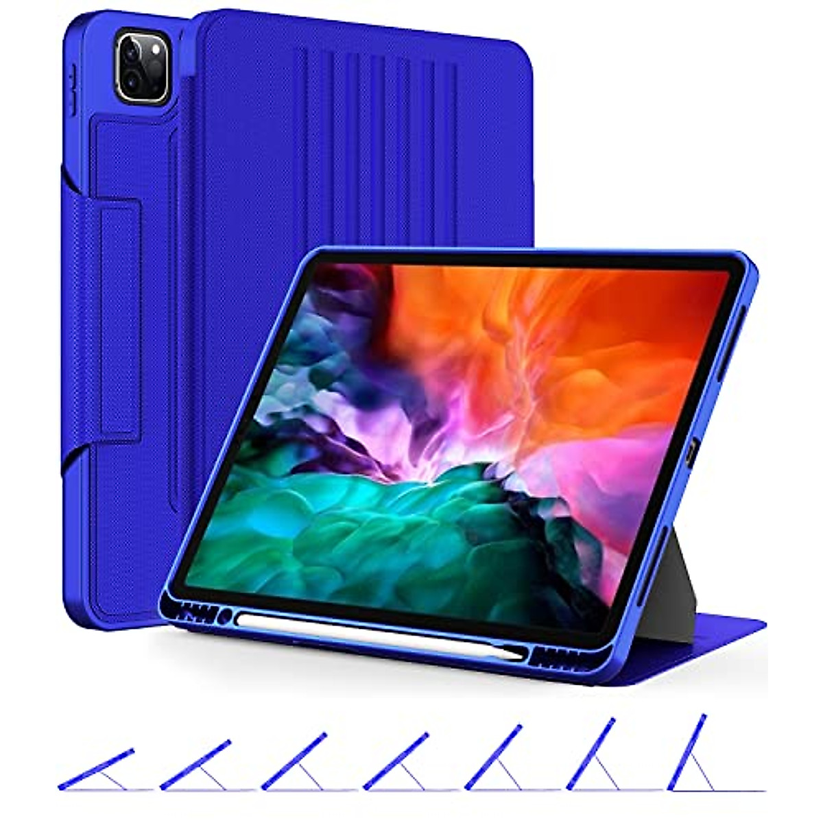 OCYCLONE Compatible with iPad Pro 12.9 Case 2021 2020 2018, 7 Viewing Angles Magnetic Stand with Pencil Holder Protective Case for iPad Pro 12.9 inch 5th 4th 3rd Gen, Blue
