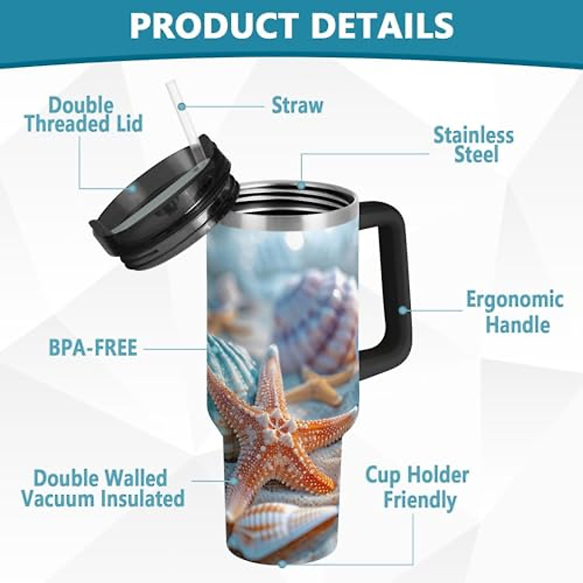 FRCSDIY Seaside Shells Insulated Tumbler with Handle and Straw Lid,40oz Leakproof Stainless Steel Cup BPA-Free Water Bottle