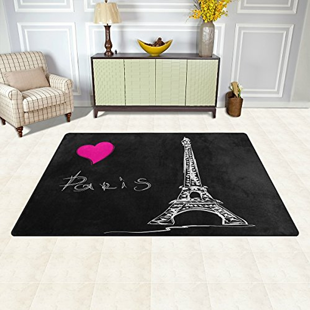 WOZO Eiffel Tower Heart Paris Area Rug Rugs Non-Slip Floor Mat Doormats Living Dining Room Bedroom Dorm 60 x 39 inches inches Home Decor