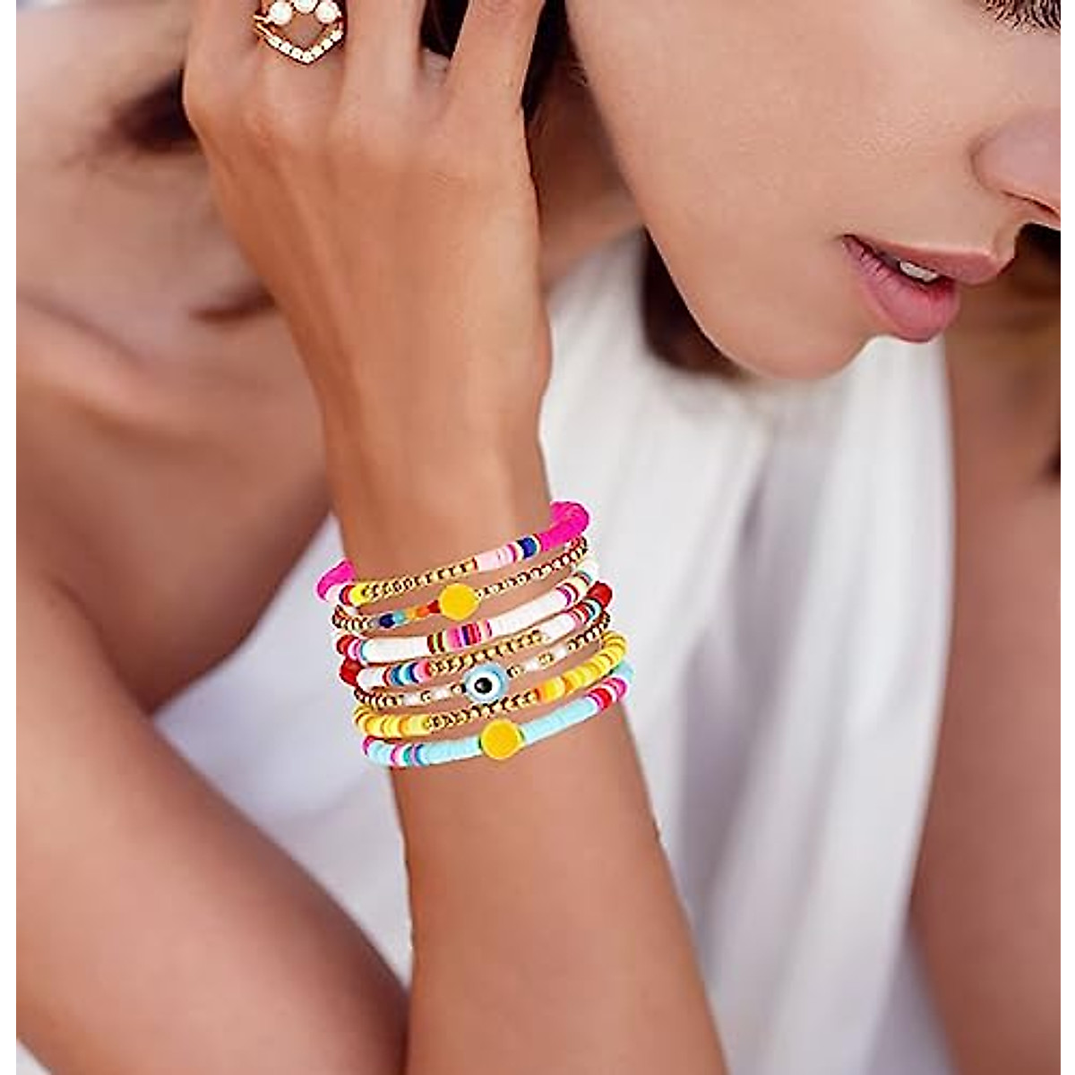 Svovin 58 Pcs Preppy Heishi Bracelets Set Colorful White Gold Heart Star Evil Eye Beaded Polymer Clay Pearl Stackable Charm Y2K Kidcore Summer Beach Bohemian Layering Bracelets Jewelry for Women