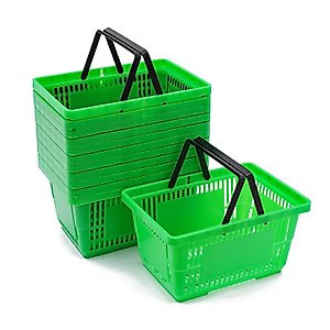 RABEEXP 12 Pcs Shopping Baskets 28L 7.4Gal Plastic Shopping Baskets with Handles, Portable Grocery Basket for Supermarket Retail Shop Book Store Laundry, 18.9x13x10.2 Inch (Green)