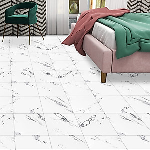 Peel and Stick Floor Tile White Marble Look Vinyl Flooring Peel and Stick Waterproof and Durable Self-Adhesive and Removable DIY Flooring for Transfer Bathroom Kitchen Rentals 12 inch