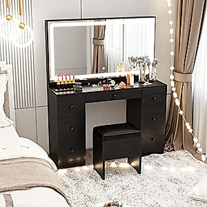IRONCK Vanity Desk Set with LED Lighted Mirror & Power Outlet, 7 Drawers Makeup Vanities Dressing Table with Stool, for Bedroom, Black