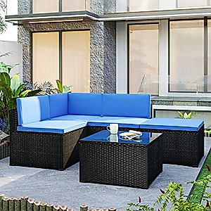 JIVOIT 5-Piece Outdoor Patio Furniture Set, Rattan PE Wicker Corner Sofa Set, Sectional Sofa Set with 1 Corner Sofa, 2 Sofa Chairs, 1 Ottoman and 1 Glass Coffee Table (Black Wicker+ Blue Cushion 003)