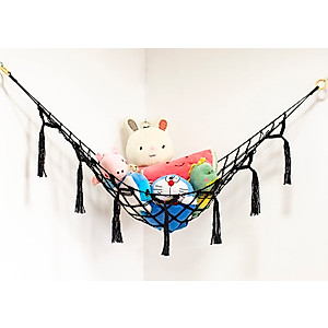Stuffed Animal Storage Net - with Warm White LED String Star Lights, Wall Hooks- Stuffed Animal Hammock - Corner Net for Stuffed Animals for Wall - (X-Large - Black))