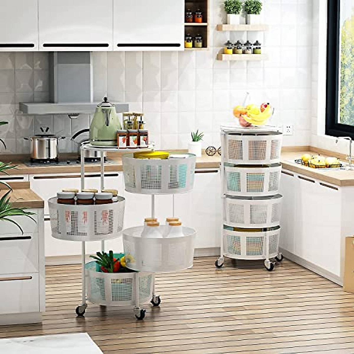 Rotating Kitchen Storage Rack 4 Tier Round Metal Baskets on Wheels Floor-Standing Fruit and Vegetable Storage Basket Household Storage Rack for Bathroom Kitchen Living Room, White