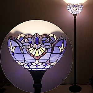 WERFACTORY Tiffany Floor Lamp Blue Purple Baroque Stained Glass Light 12X12X66 Inch Pole Torchiere Standing Corner Torch Uplight Decor Bedroom Living Room Home Office S003C Series