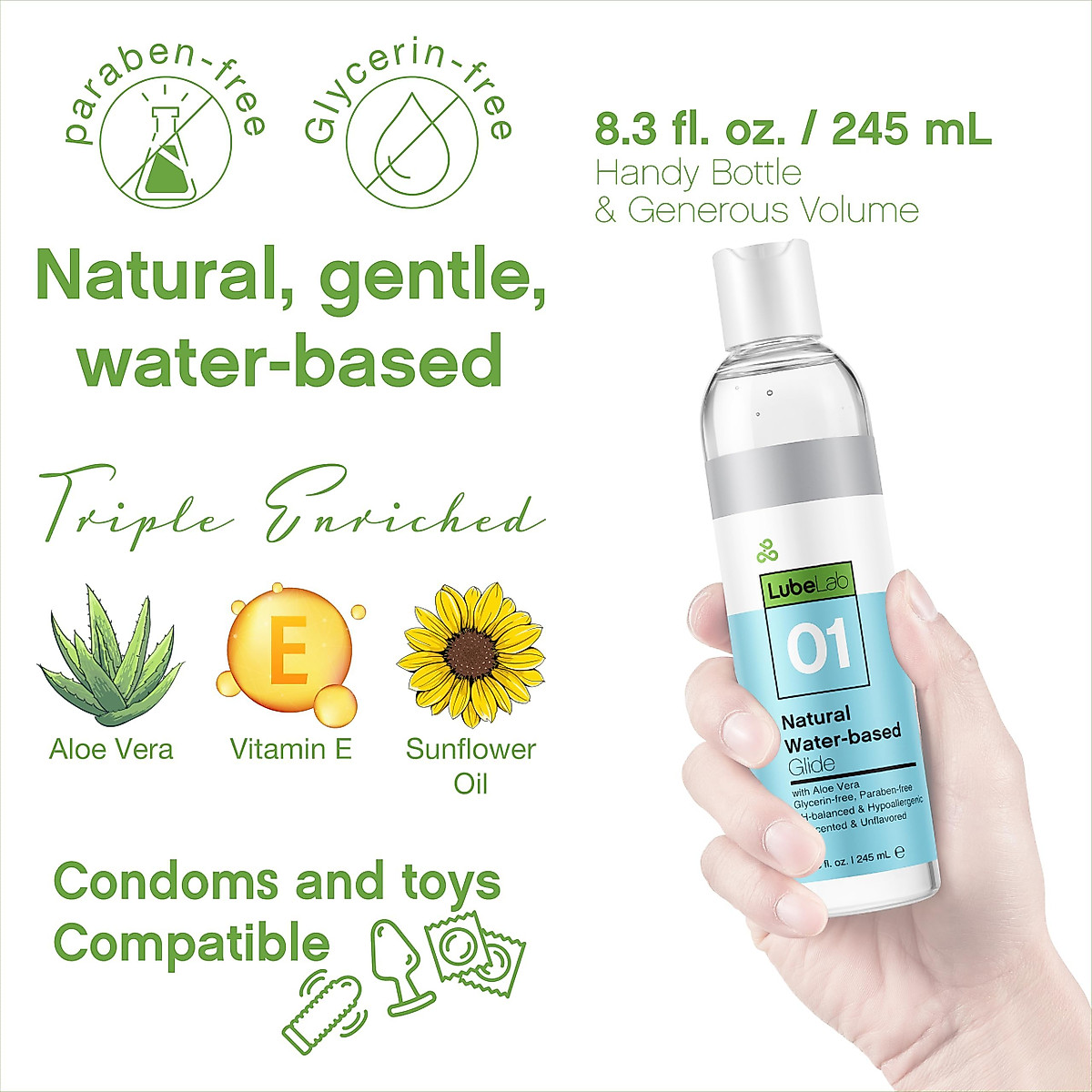 Lubelab Waterbased Lube 8.3 Fl Oz. Personal Lubricant w/Aloe & Vitamin E, Hypoallergenic, Free of Paraben&Glycerin&PEGs, PH-Balanced, Natural Smooth Slippery Glide Gel for Couples, Men, Women