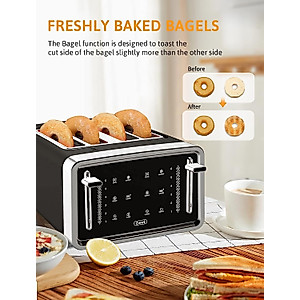 Gevi Toaster 4 Slice,Led Display Touchscreen Bagel Toaster with Dual Control Panels of Bagel/Reheat/Defrost/Cancel/Toasting One Slice/Longer Function,6 Shade Setting
