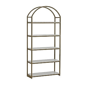 Nathan James Haven Etagere Bookshelf, 5-Shelf Faux Marble Bookcase in White Faux Marble Finish and Gold Metal Frame with Arch Top and Open Shelves, White/Gold