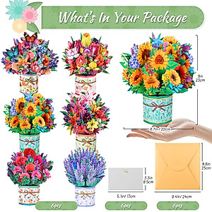 6 Pack Paper Flower Pop Up Cards, Flower Bouquet Card Popup 3D Greeting Cards for Mother's Day, Graduation, Anniversary, Birthday, Congratulations, Get Well, Home Decor, with Envelope and Note