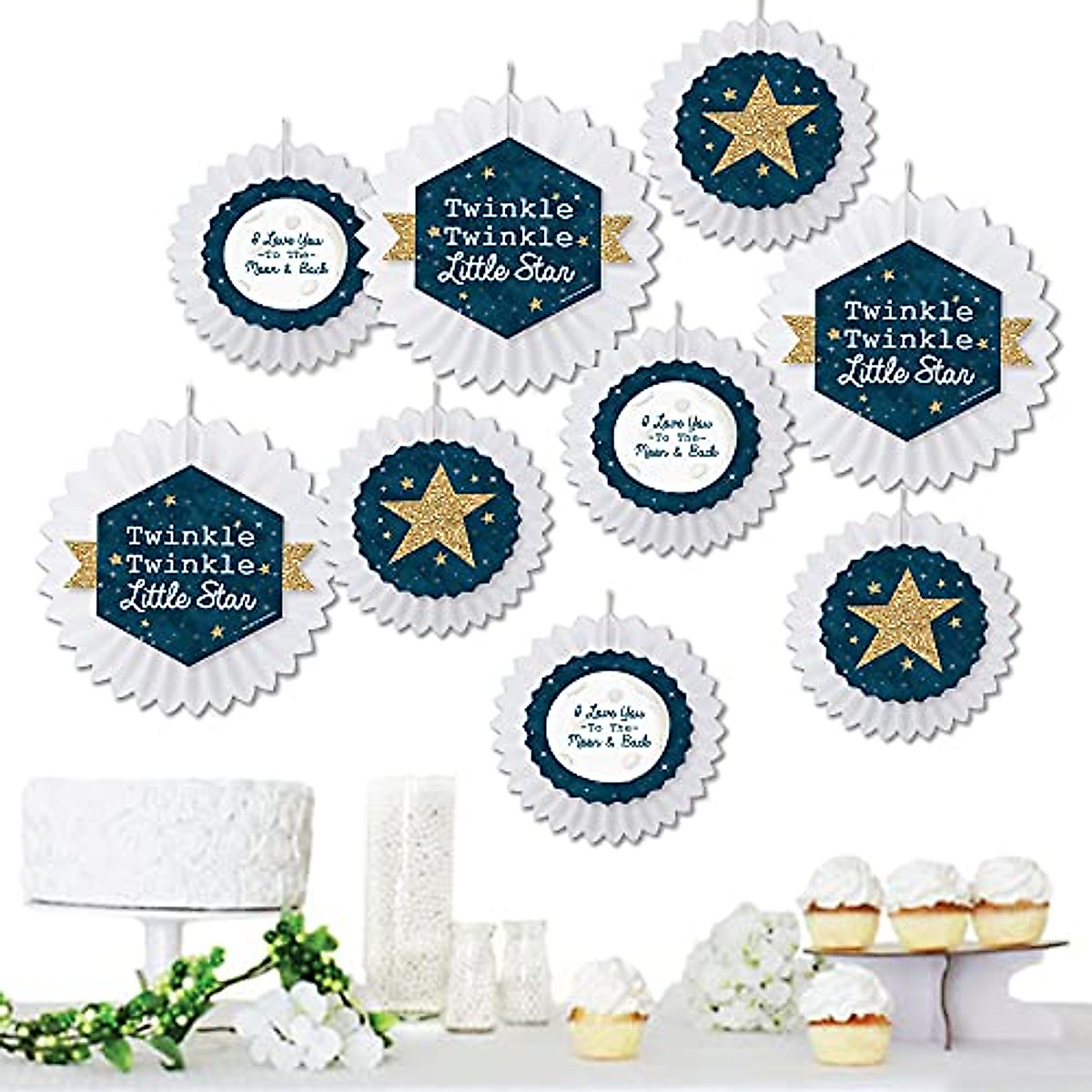 Big Dot of Happiness Twinkle Twinkle Little Star - Hanging Baby Shower or Birthday Party Tissue Decoration Kit - Paper Fans - Set of 9