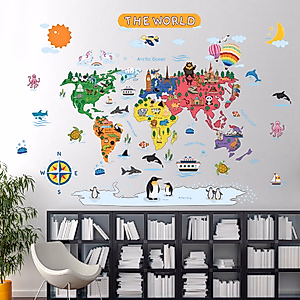 Removable Cartoon Animals World Map Wall Decals Large Educational Animal Landmarks World Map Peel & Stick Wall Sticker Decor for Kids Bedroom Living Room Classroom Nursery Home Walls (L 36"x45")