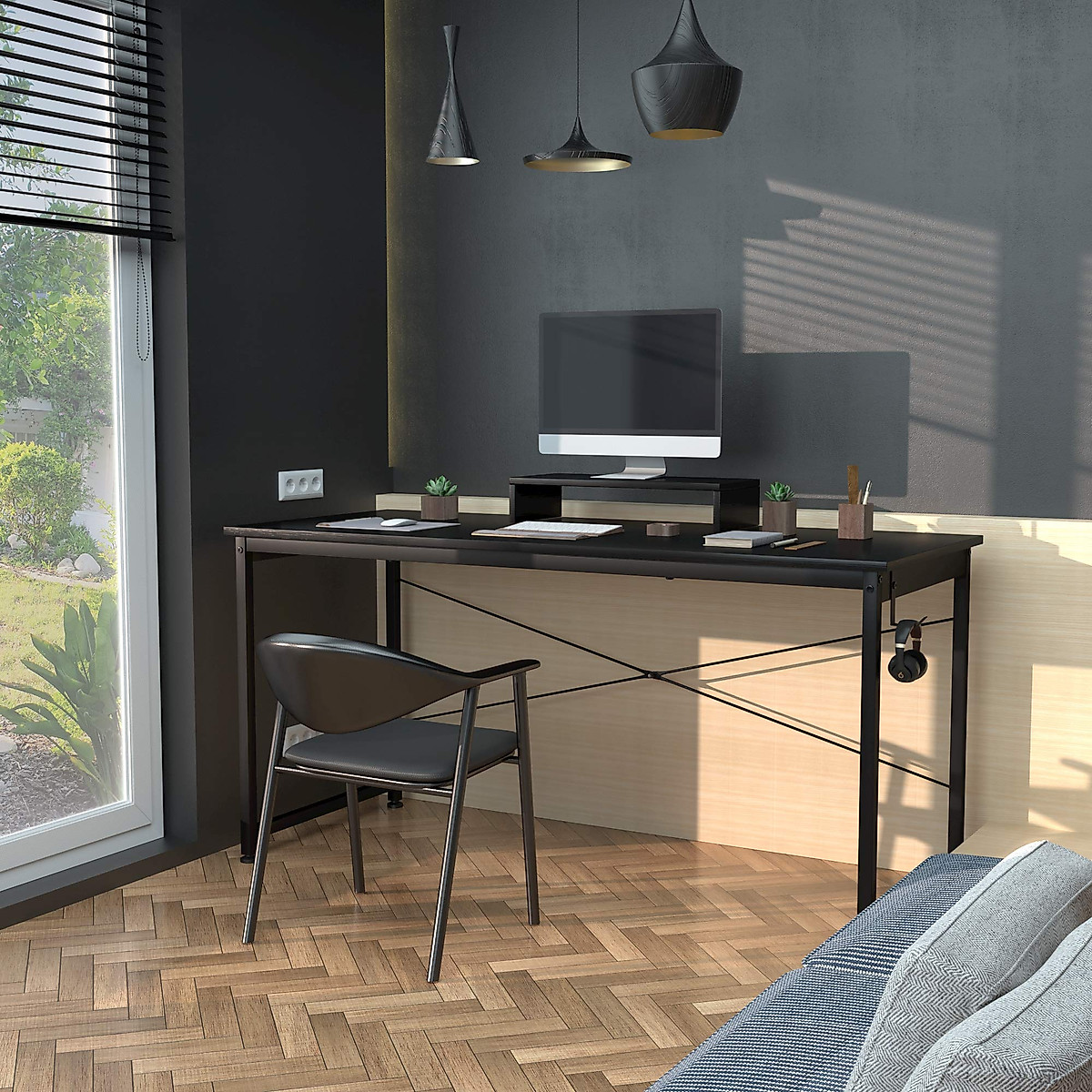 OTK Computer Desk 55" with Movable Monitor Shelf Riser, Sturdy Home Office Desk, Writing Desk, Gaming Desk with Headphone Hook, Computer Work Station, Work Table, Black