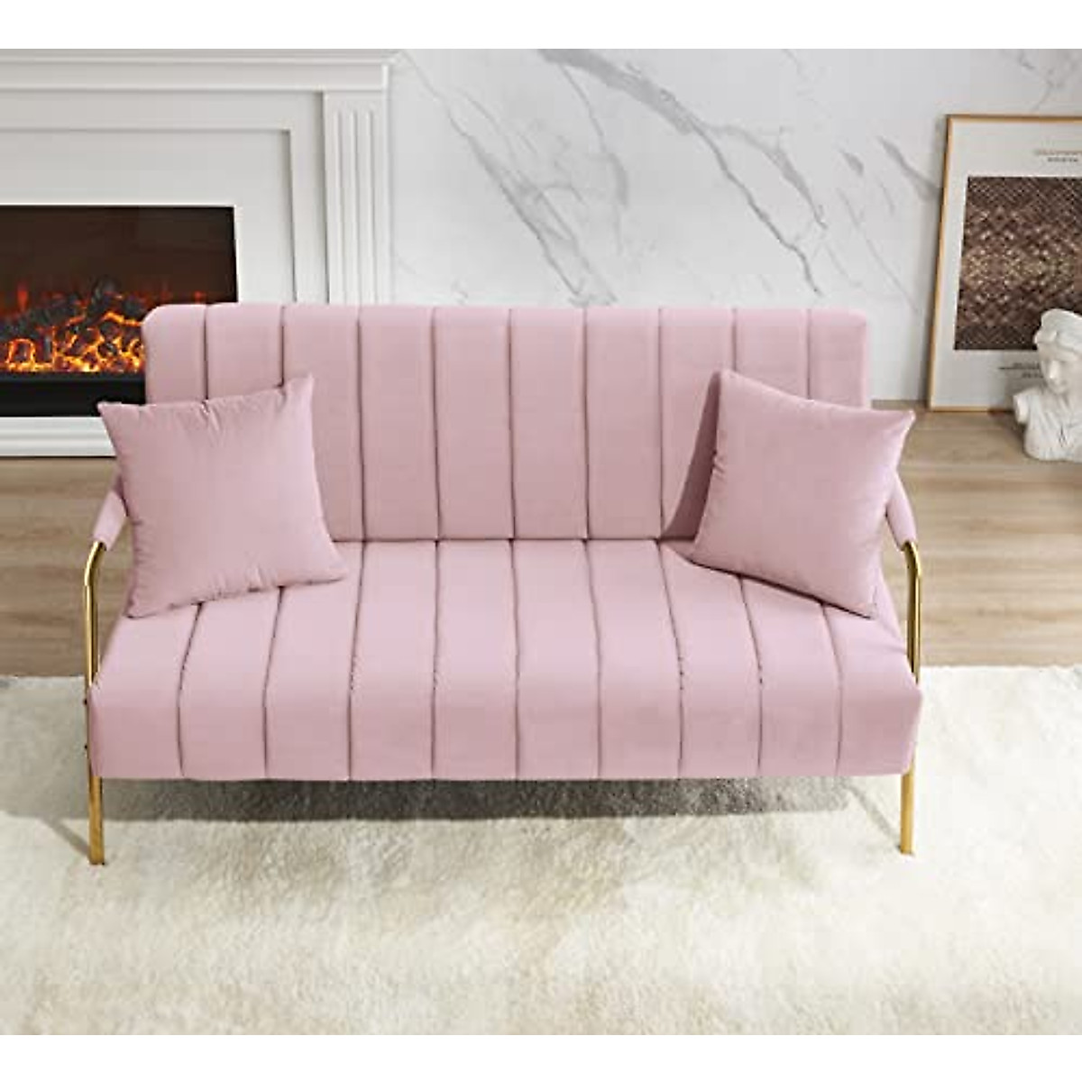 Velvet Upholstery Loveseat Tufted Futon Sofa,Australian Cashmere Fabric Accent 2-Seat Sofá Couch with Metal Legs&Throw Pillows for Living Room/Bedroom/Apartment/Office/Studio/Compact Space