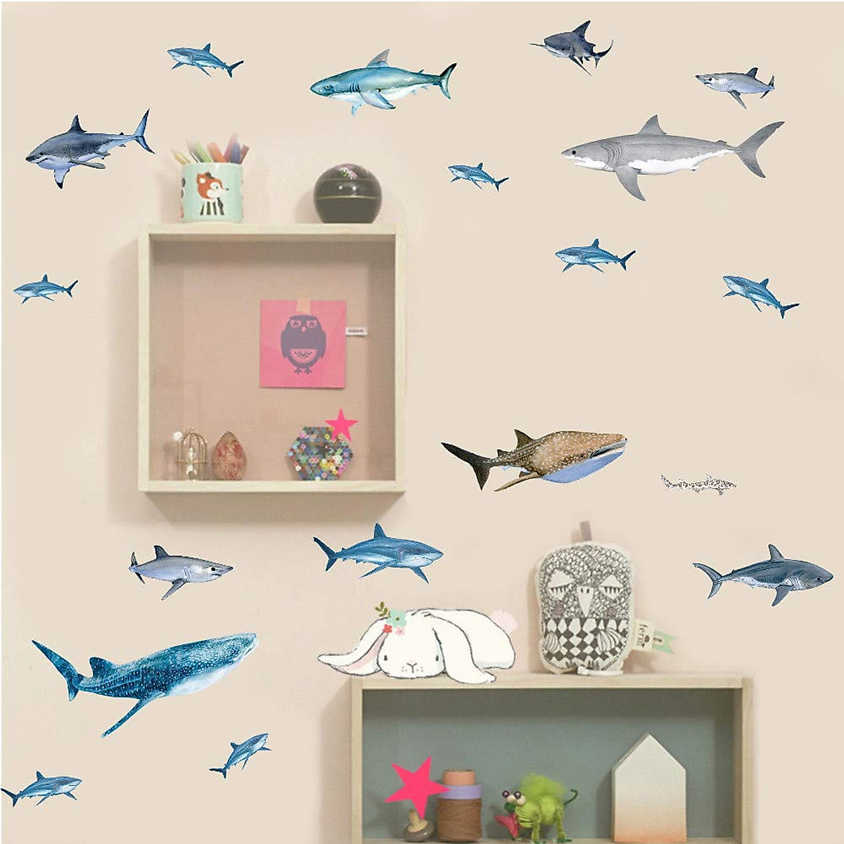 IARTTOP Ocean Animal Shark Wall Decal, Under The Sea Marine Life Theme Sticker for Kids Room Bathroom Nursery Undersea Fishes Wall Art Decor (35Pcs)