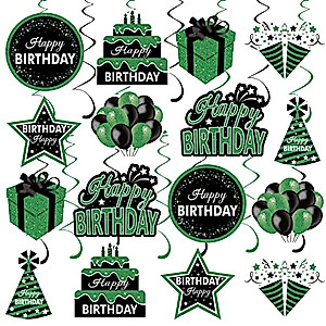 Green Birthday Hanging Swirls Decorations for Women Men, 16Pcs Black and Green Happy Birthday Foil Swirls Party Supplies, 10th 16th 18th 21st 30th 40th 50th 60th Bday Green Theme Swirls Ceiling Decor