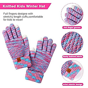 Kids Winter Hat Gloves Scarf Set, Girls Boys Children Hats Beanie with Pom Knit Neck Warmer Gaiter Mittens Fleece Lined Set (Purple)