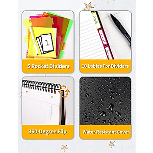 SUNEE 5 Subject Notebook College Ruled - 240 Pages, 6.2"x8.5", 5 Pocket Colored Dividers, 3-Hole Punched Paper, Black