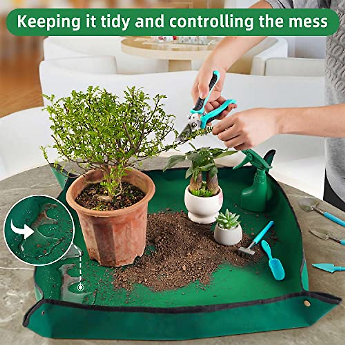 HNXTYAOB Repotting Mat for Indoor Plant Transplanting and Mess Control. 29" X 29" Thick Potting Mat & Foldable Waterproof Gardening Mat - Gardening Gifts for Women Green