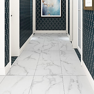 Livelynine Carrara Marble Peel and Stick Floor Tile Bathroom Waterproof Floor Tiles White Marble Vinyl Flooring Sheet Sticky Laminate Flooring Kitchen Renter Friendly Linoleum Stickers 12x12 4-Pack