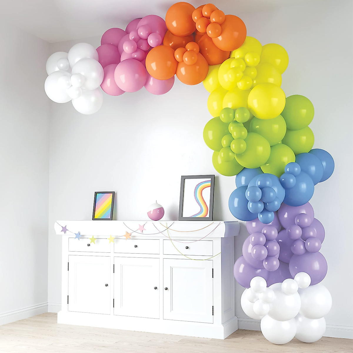 HOUSE OF PARTY Pastel Rainbow Balloons-140 Pcs, Pastel Color Balloons | Pastel Balloon Garland with Pink, Yellow, Orange, Green & White Balloons Perfect for Christmas Decor & Graduation Party