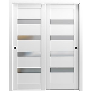 Sliding Closet Bypass Doors 60 x 80 with Hardware | Quadro 4113 White Silk with Frosted Opaque Glass | Sturdy Top Mount Rails Moldings Trims Set | Kitchen Lite Wooden Solid Bedroom Wardrobe Doors