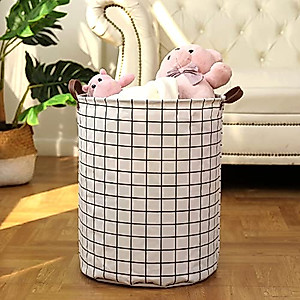 [2 Pack] Collapsible Laundry Basket, Large Round Waterproof Laundry Hamper, Foldable Storage Organizer with Leather Handles for Dirty Clothes (White Plaid)