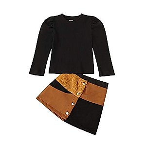 Daitu Newborn Baby Girl Outfits Long Sleeve Solid Sweater Tops + Button Mini Skirt 2-Piece Clothes Set (Black, 7-8 Years)