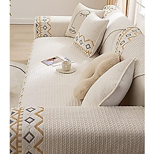 vctops Boho Geometric Embroidery Sofa Couch Cover Cotton Love Heart Quilted Sectional Couch Covers Non-Slip Washable Sofa Slipcover for Dogs, Children, Pets Furniture Protector (Cream,36"x63")