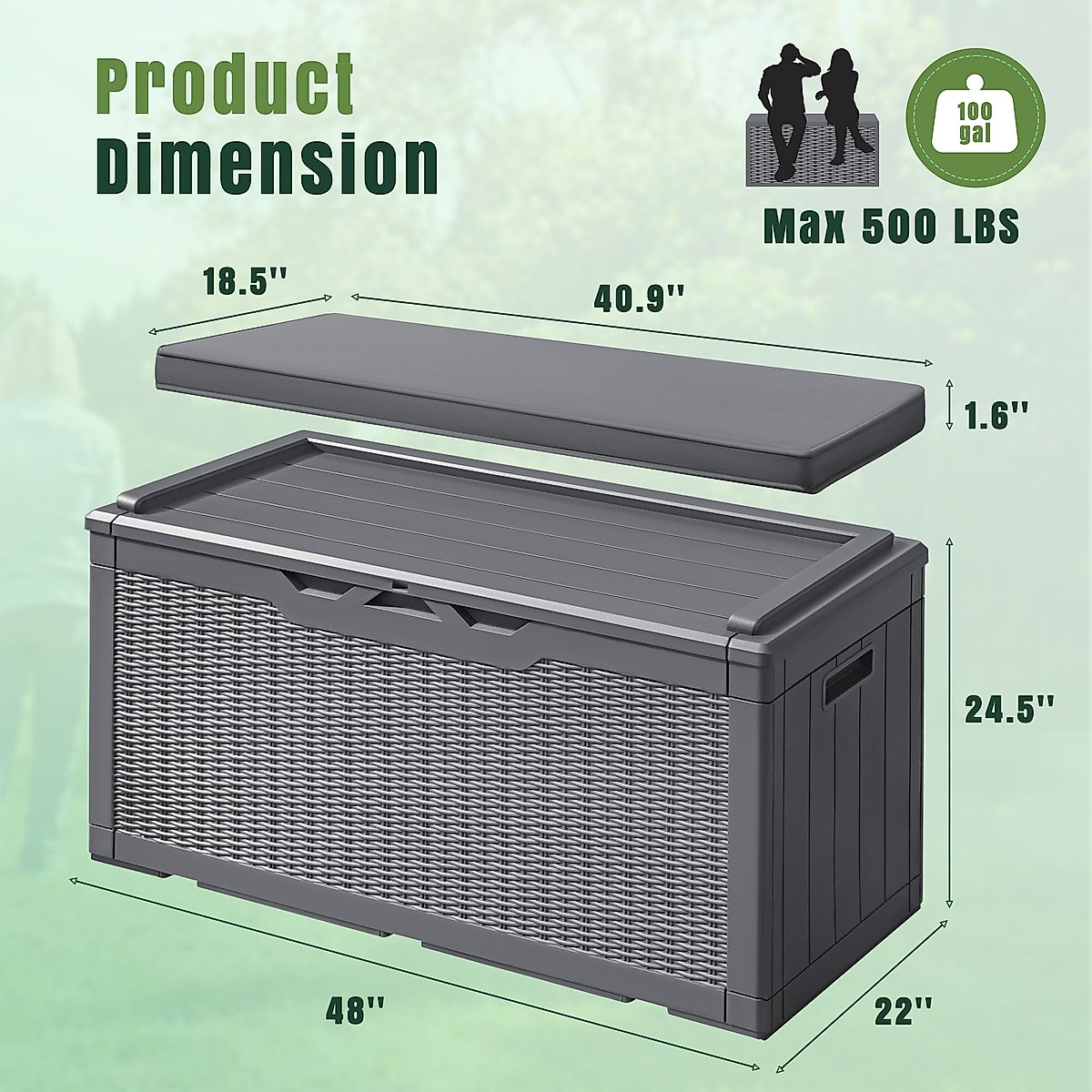 Greesum 100 Gallon Resin Deck Box Large Outdoor Storage with Cushions for Patio Furniture, Garden Tools, Pool Supplies, Weatherproof and UV Resistant, Lockable, Gray