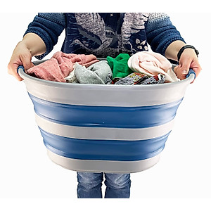 SAMMART 23L (6 Gallons) Collapsible Plastic Laundry Basket - Oval Tub - Foldable Storage Container/Organizer -Portable Washing Tub -Space Saving Laundry Hamper (Grey/Mist Blue)