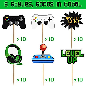 MIAHART 60 Pcs Video Game Themes Cake Toppers 6 Styles Cupcake Picks Decorations for Kids Gaming Birthday Fans Party Favors